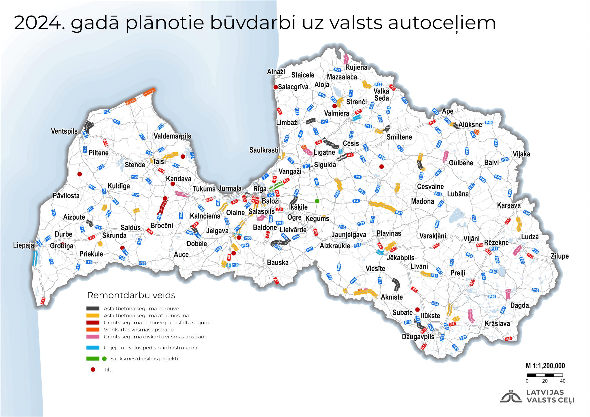 Publicēta šāgada valsts ceļu būvdarbu karte - Latvijas Valsts ceļi
